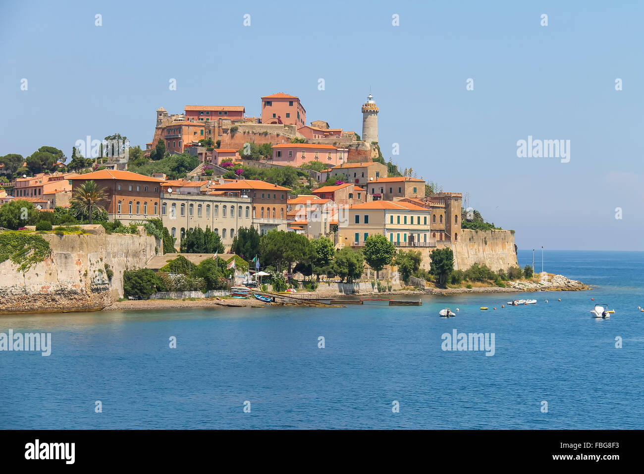 The lighthouse on the hill in Portoferraio, the main port of Elba ...