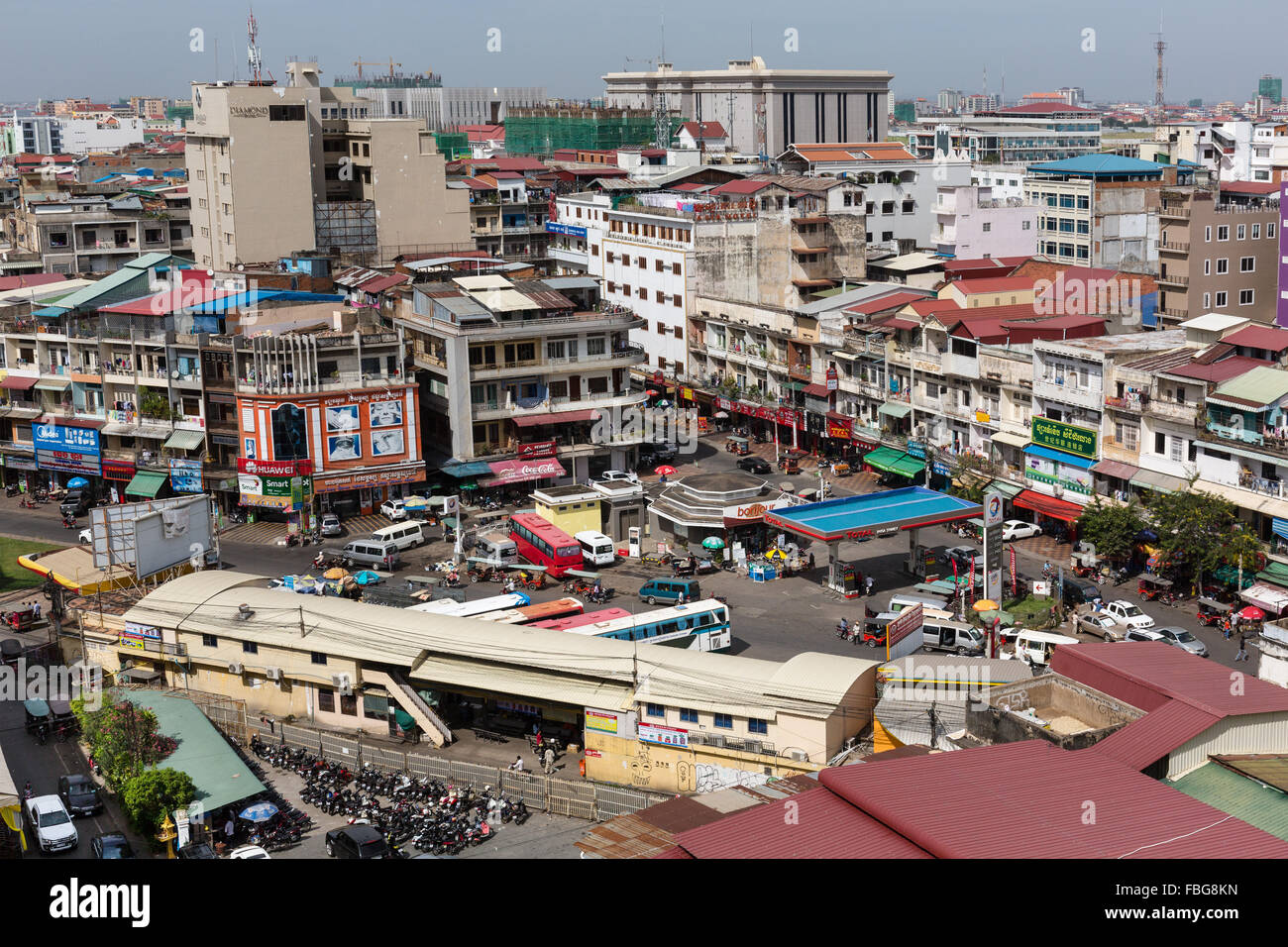 View of bus station and historic centre from Sorya Shopping Centre, city view, Phnom Penh ...