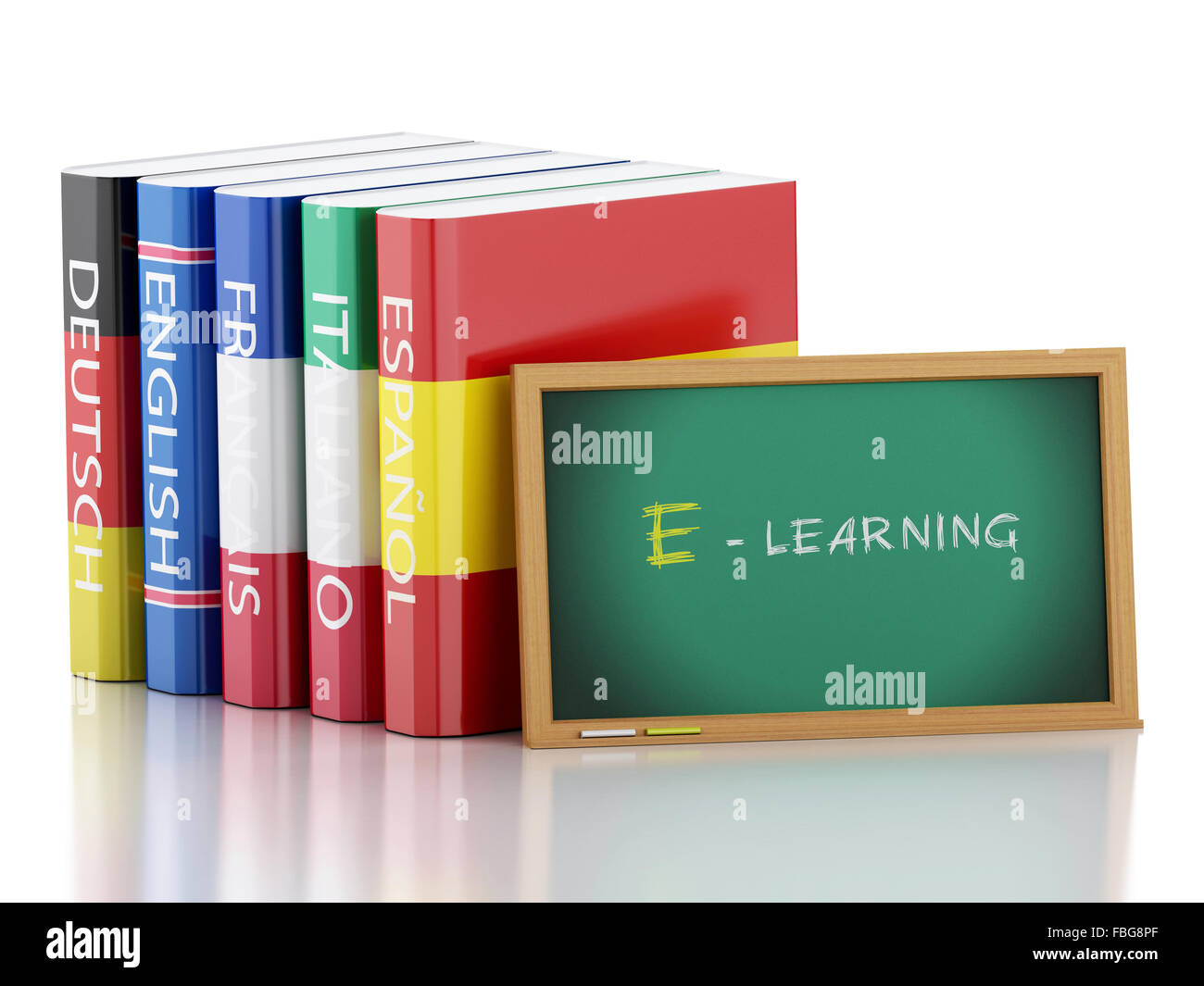 3d renderer illustration. Stack of dictionaries. Language learning and ...