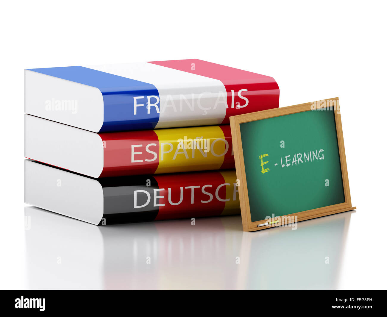 3d renderer illustration. Stack of dictionaries. Language learning and ...
