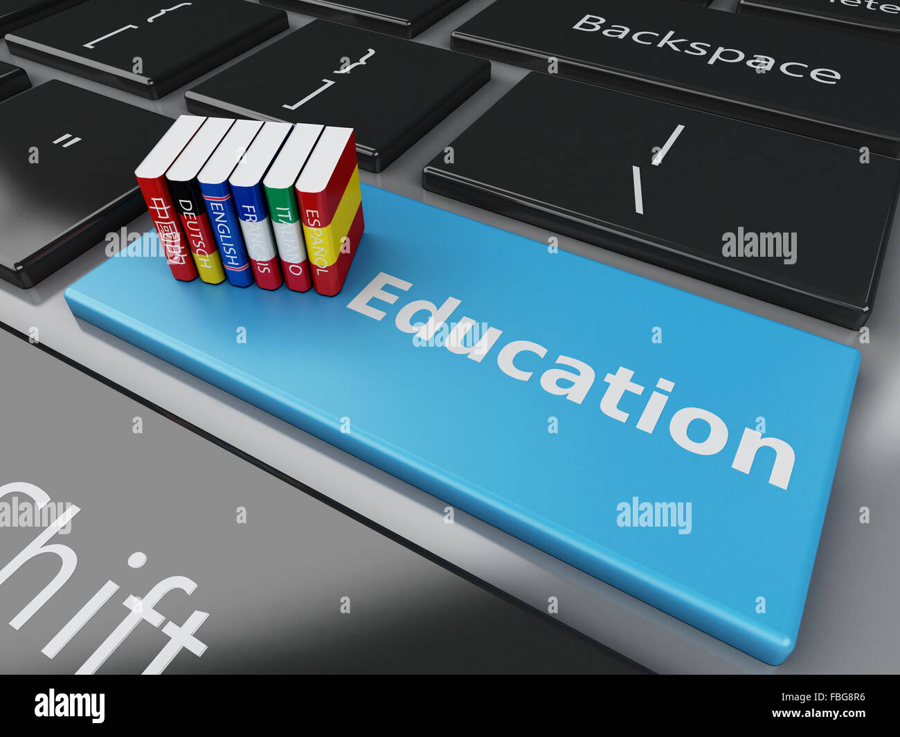 3d illustration. Dictionaries on computer keyboard. E-learning ...