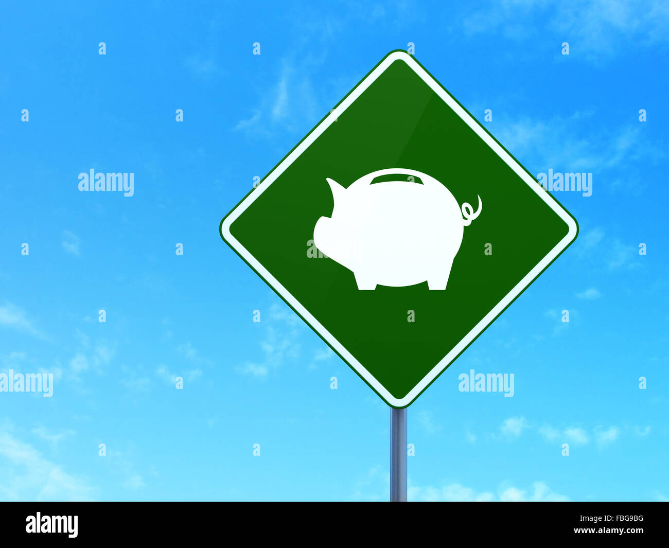 Currency concept: Money Box on road sign background Stock Photo - Alamy