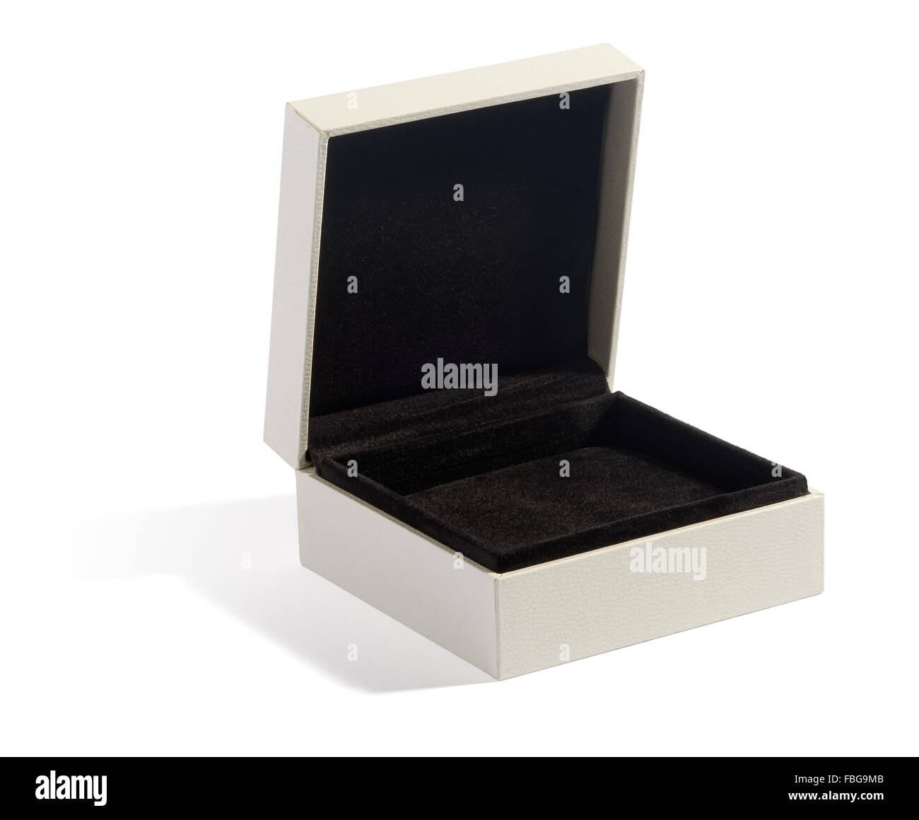 Single wide open jewelry box with black felt padding on white ...