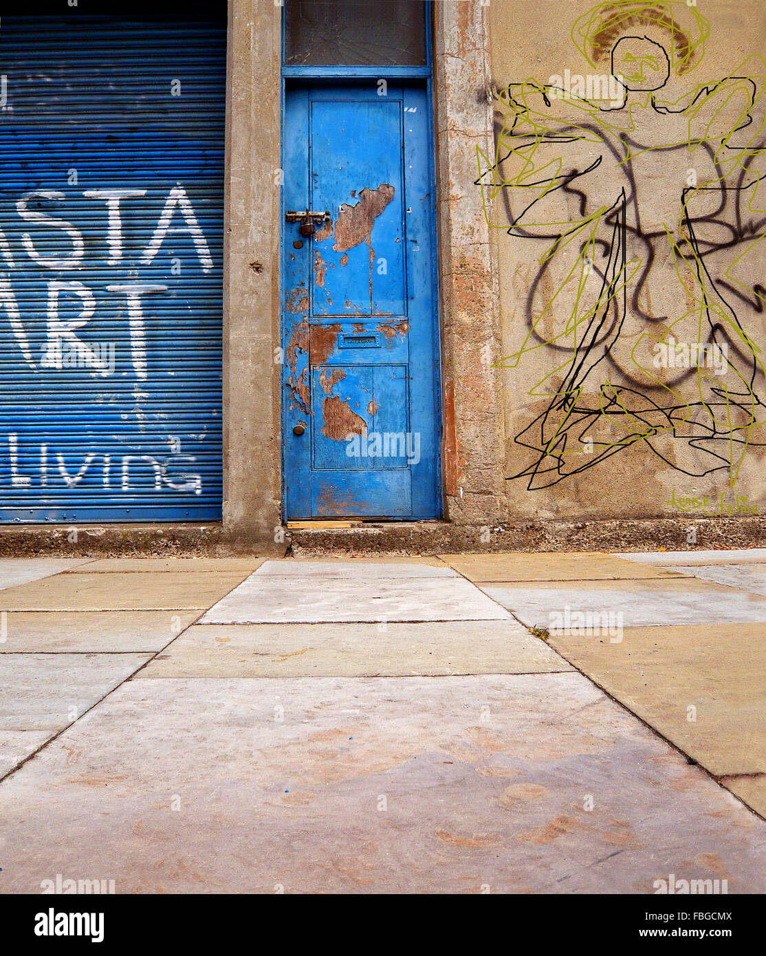 Digital drawing, with a mess over a photograph of a decaying door with ...
