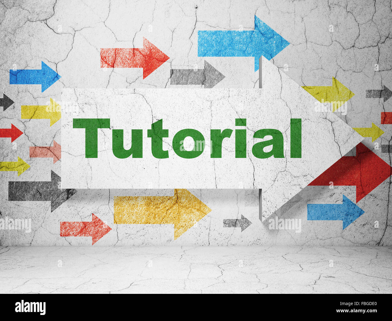 Learning concept: arrow with Tutorial on grunge wall background Stock ...