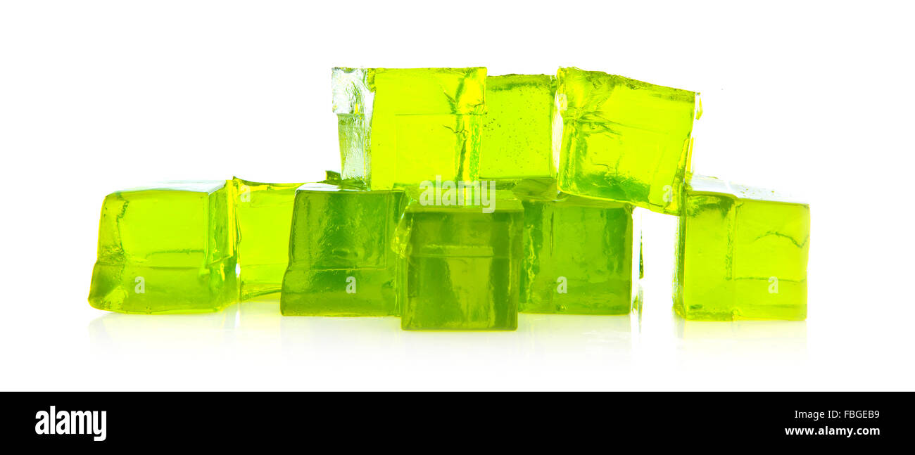 Cubes of Lime jelly on a white background Stock Photo - Alamy