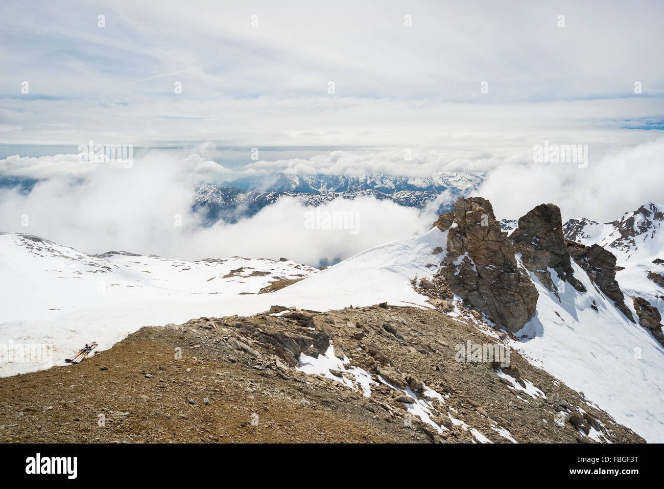 Panoramic view of high mountain peaks and snowcapped ridges at high ...