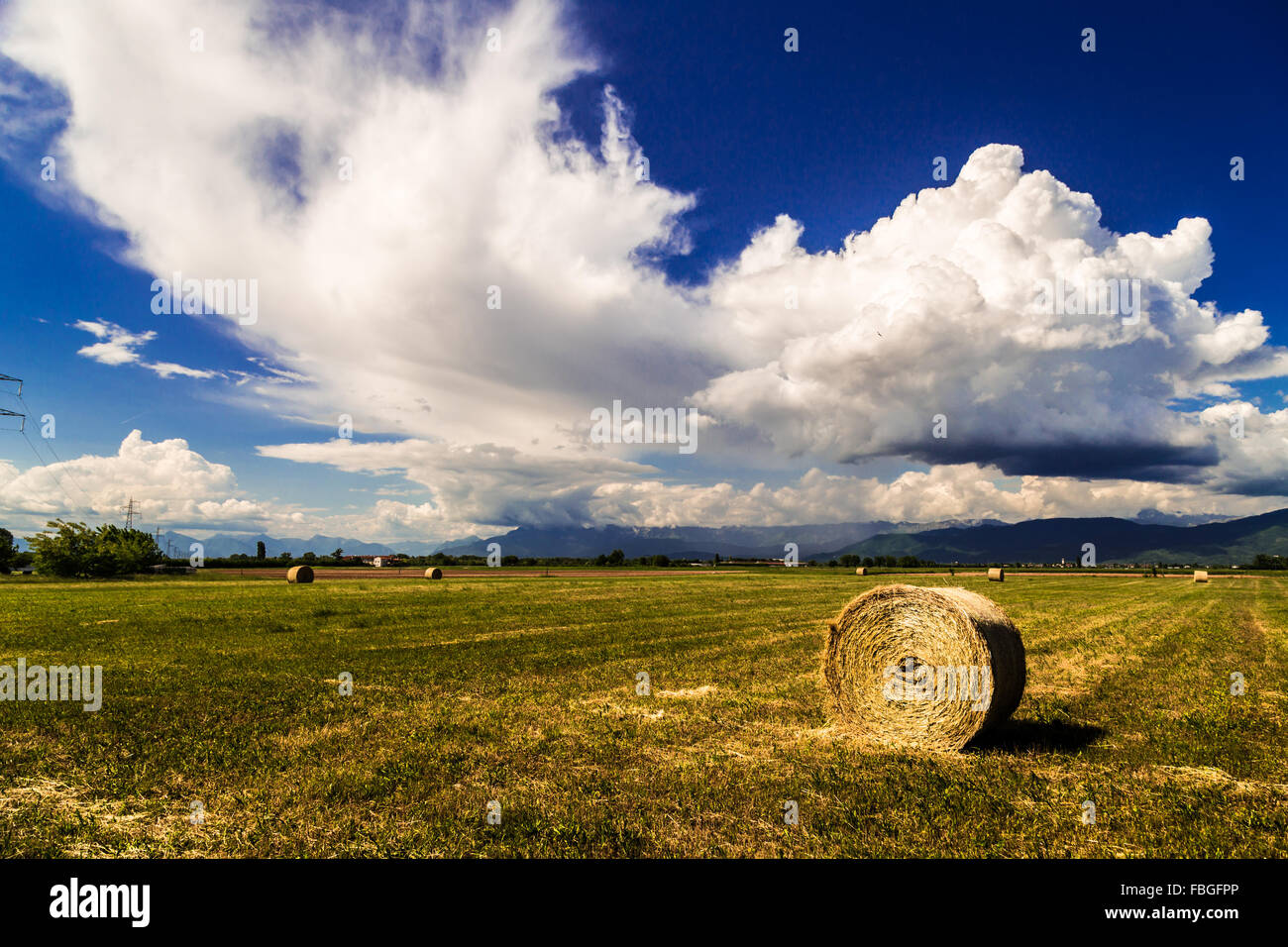 storm is coming on a field with hay bales Stock Photo - Alamy