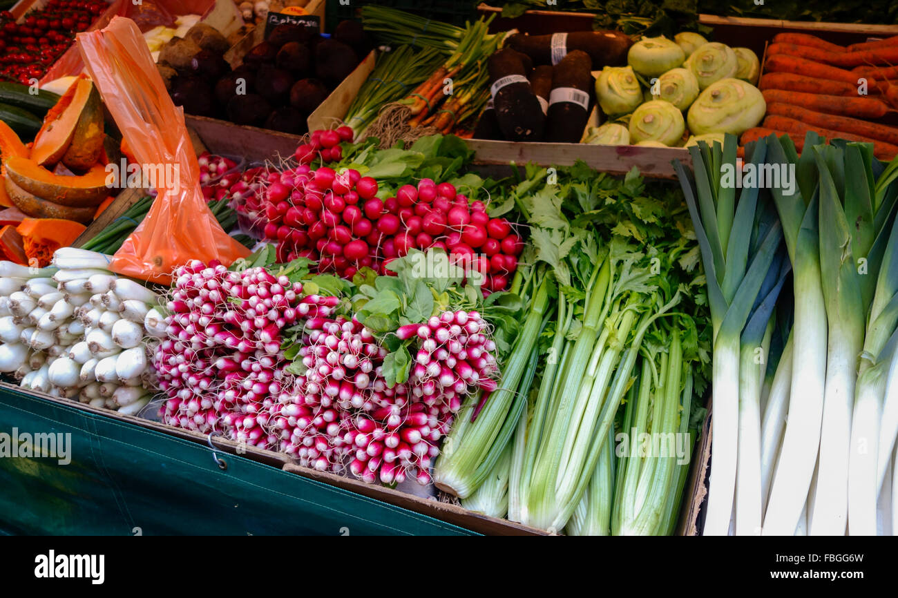 Fresh produce displayed on Parisian outdoor market, Paris. France Stock ...
