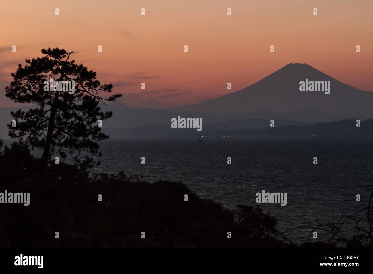 Mount Fuji at sunset from Enoshima Island, Kanagawa, Japan Stock Photo ...
