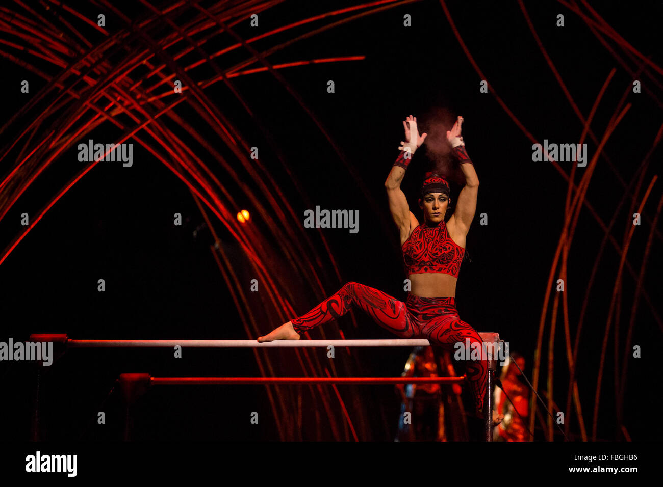 London, UK. 15 January 2016. Uneven Bars act performed by Virginie ...