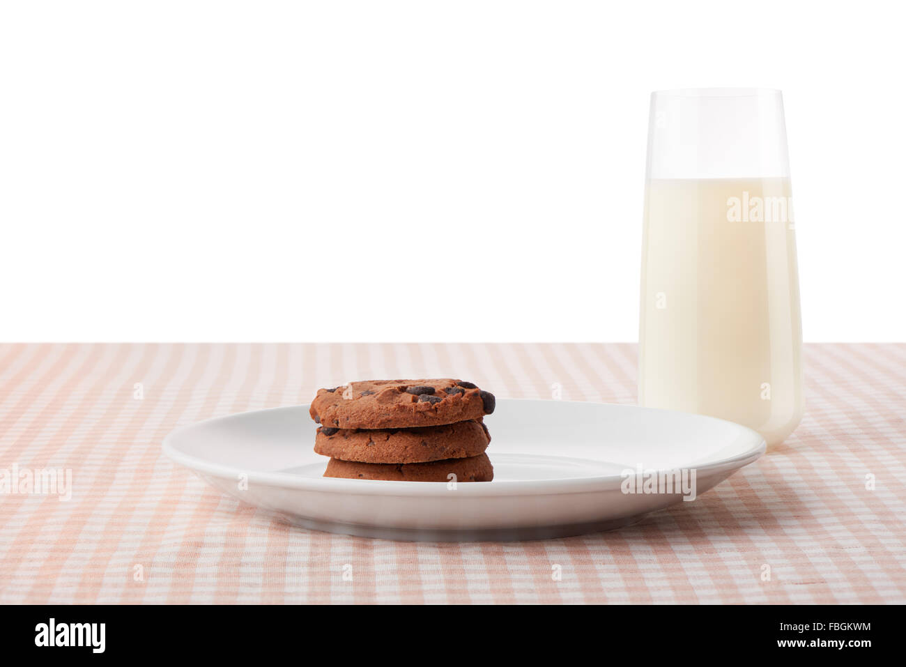 Stack of three homemade chocolate chip cookies on white ceramic plate ...