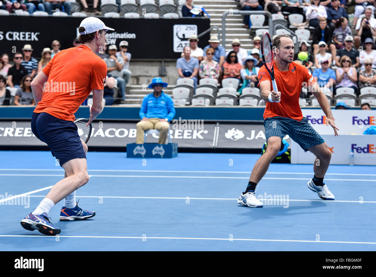Sydney, Australia, 16th Jan, 2016. Jamie Murray (GBR) and Bruno Soares ...