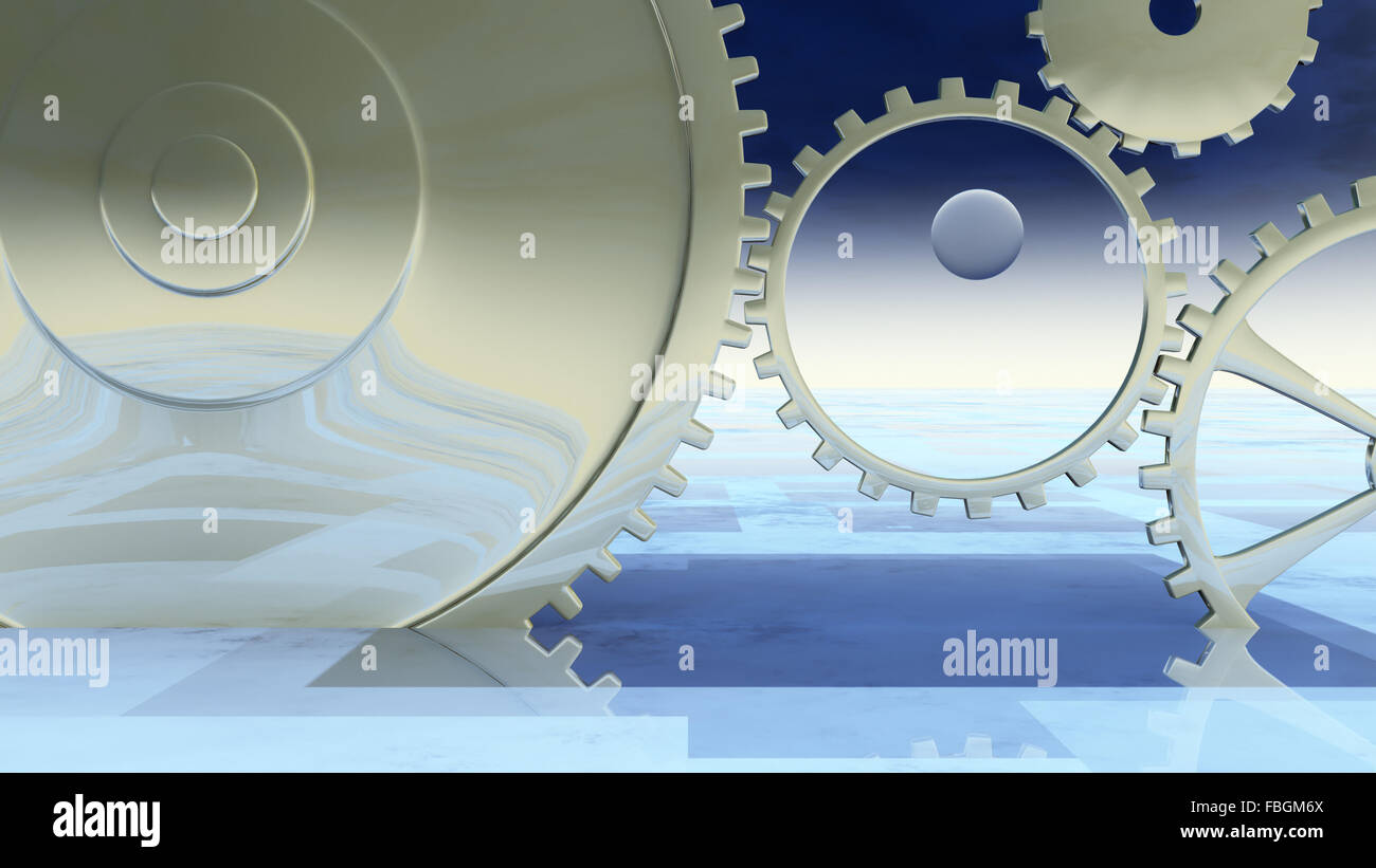 Giant gears on a blue grid horizon Stock Photo - Alamy