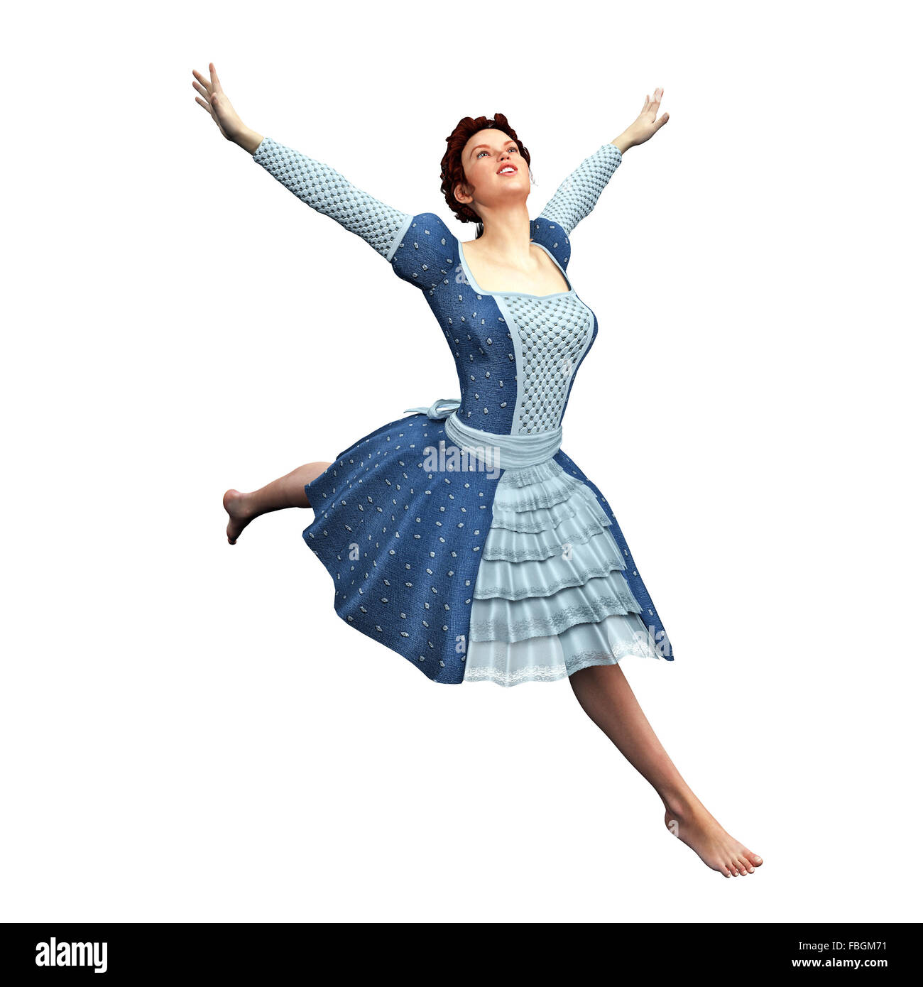 An isolated young lady leaping with arms raised wearing dress Stock ...