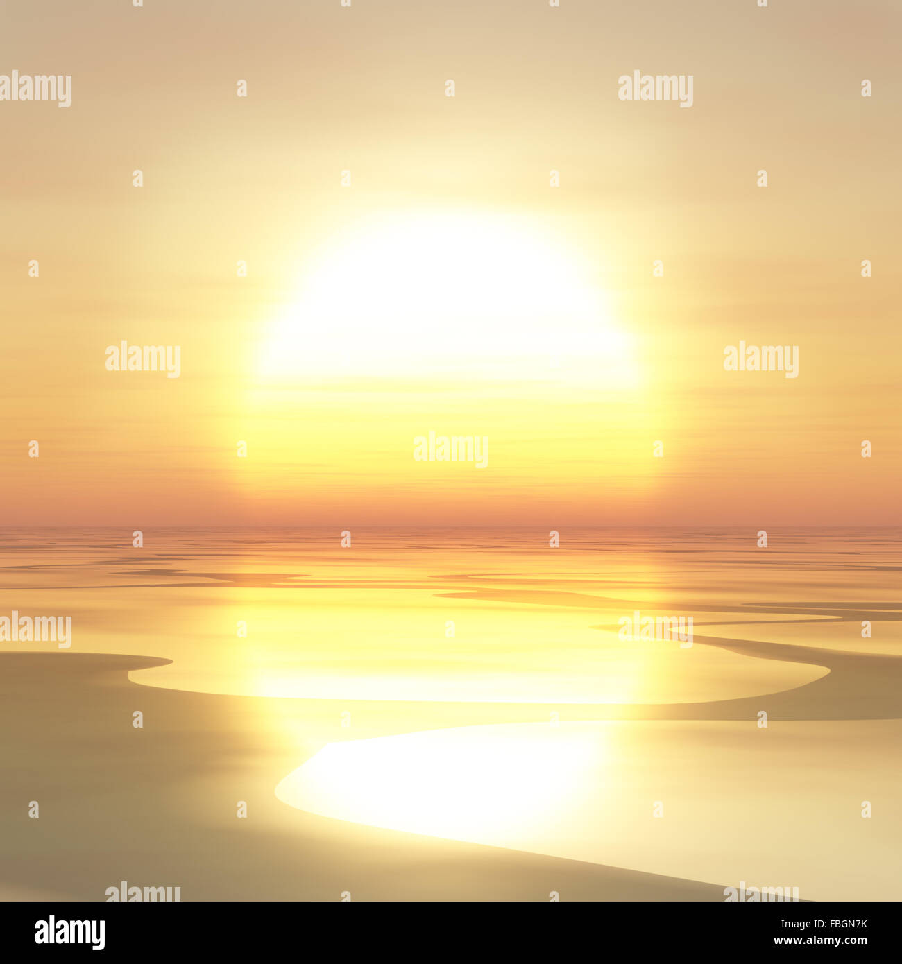 An illustration of over large sun setting over river Stock Photo - Alamy