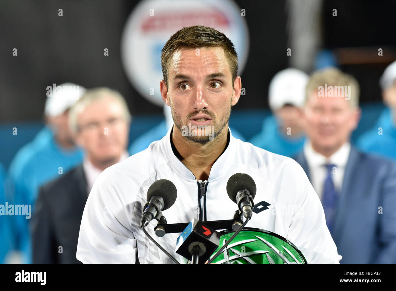 Sydney, Australia, 16th Jan, 2016. Viktor Troicki (SRB) with trophy as ...