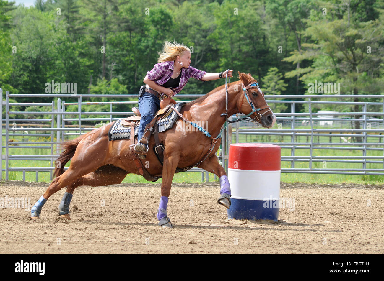 Young adult woman galloping around a turn in a barrel race Stock Photo ...