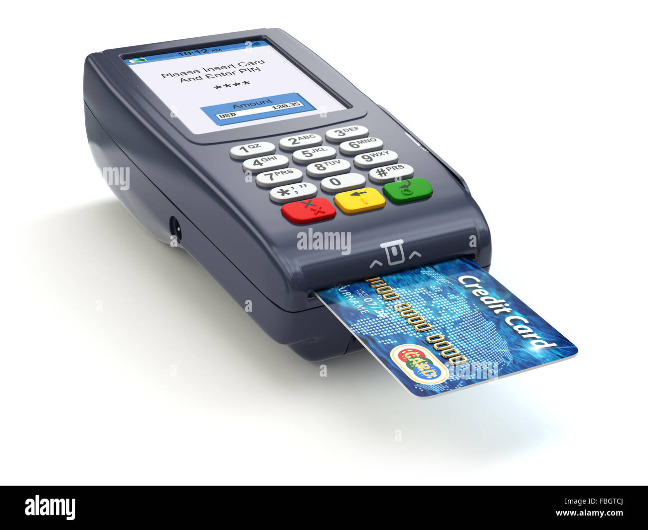 POS terminal with credit card isolated on white. Paying. 3d Stock Photo ...