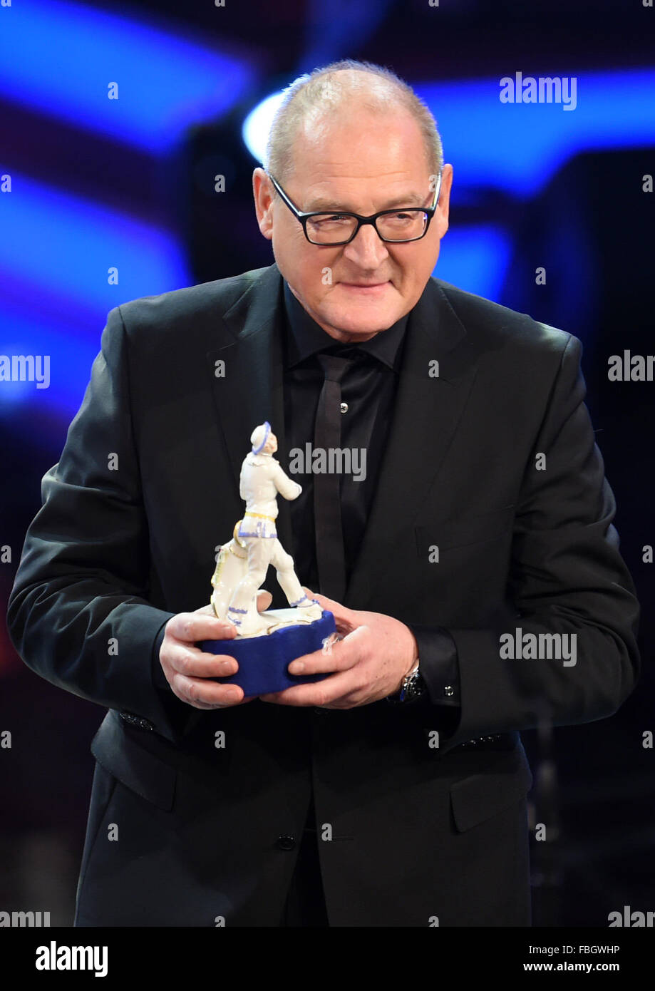 Munich, Germany. 15th Jan, 2016. Actor Burghart Klaussner holds his ...