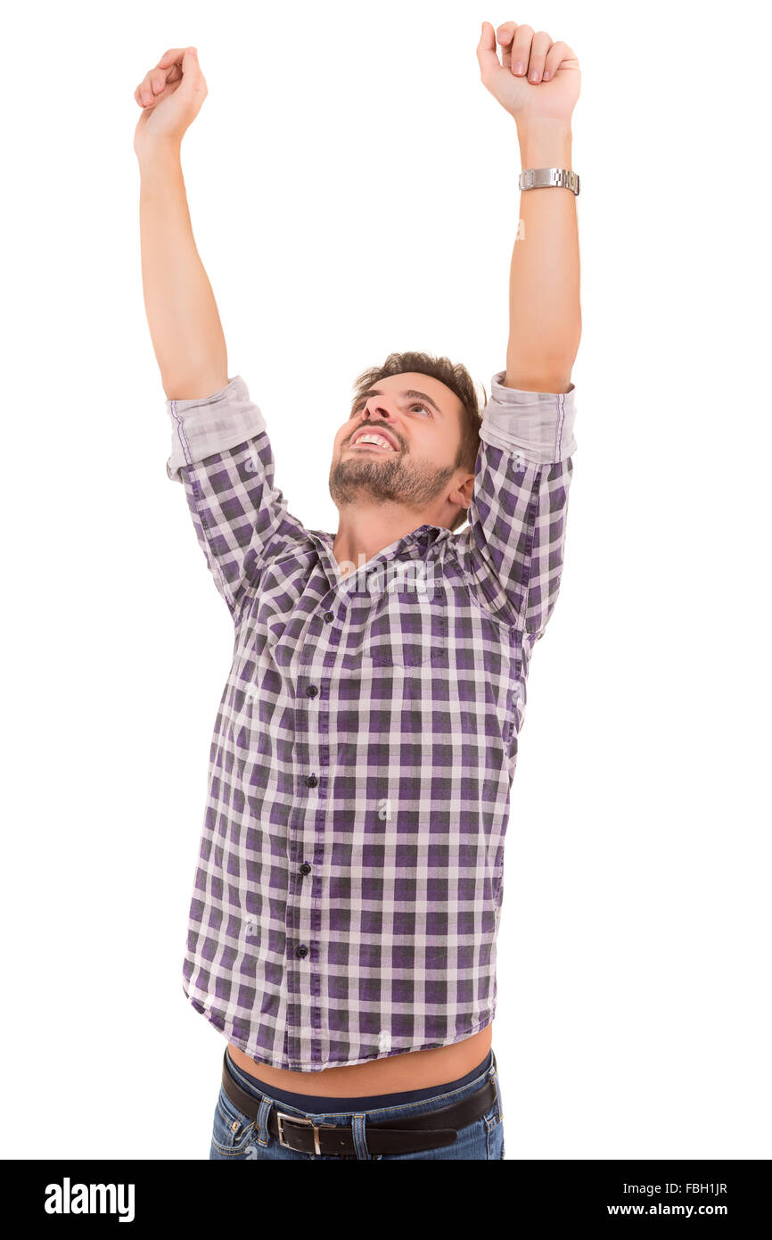 Young man celebrating - isolated over white background Stock Photo - Alamy