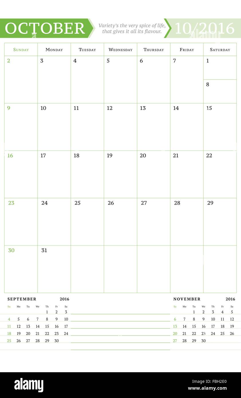 October 2016. Monthly Calendar Planner for 2016 Year. Vector Design ...
