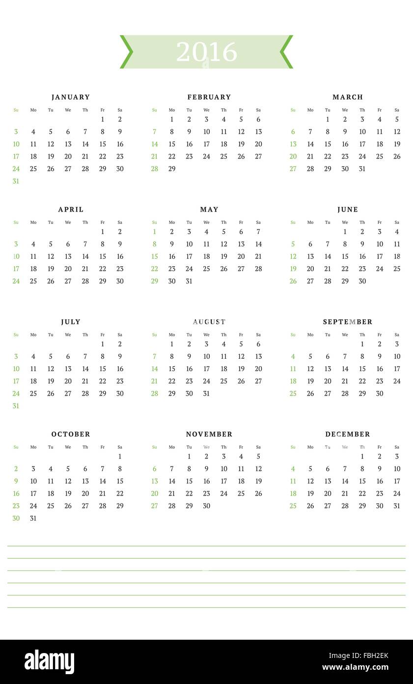 Calendar for 2016 Year. Vector Design Print Template. Week Starts ...