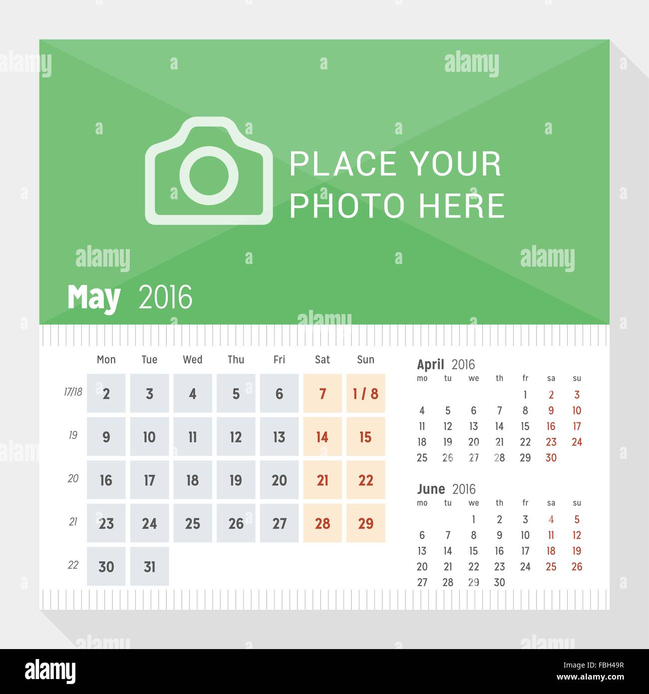 May 2016. Desk Calendar for 2016 Year. Week Starts Monday. 3 Months on ...
