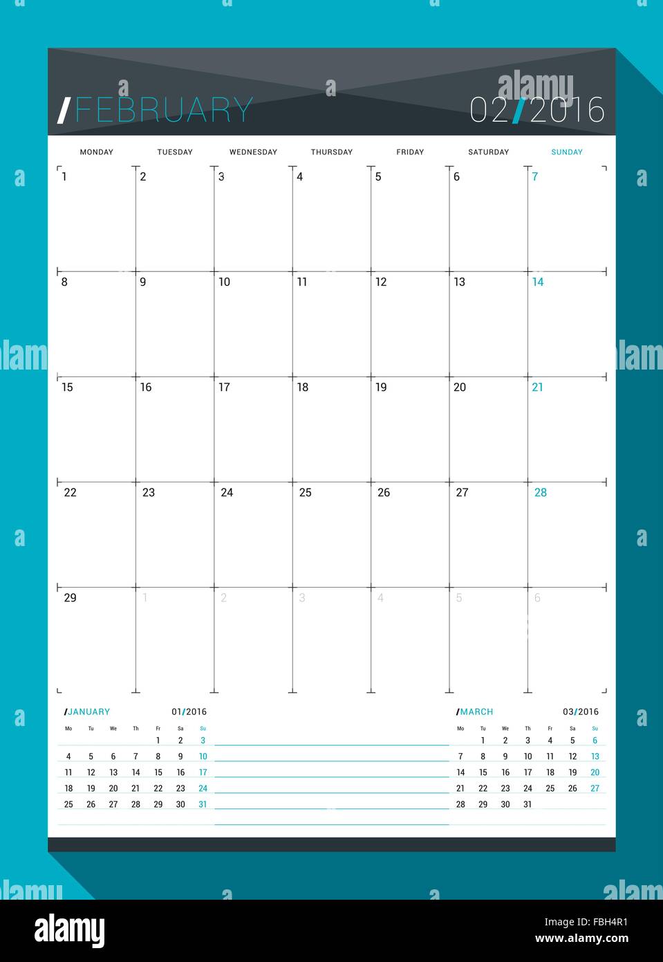 February 2016. Vector Design Print Template. Monthly Calendar Planner ...