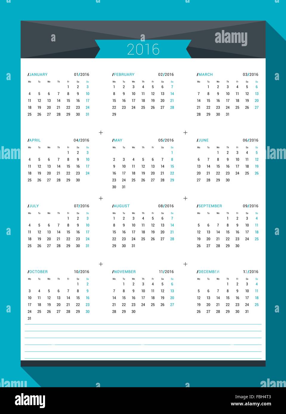 Calendar for 2016 Year. Vector Design Print Template. Week Starts ...