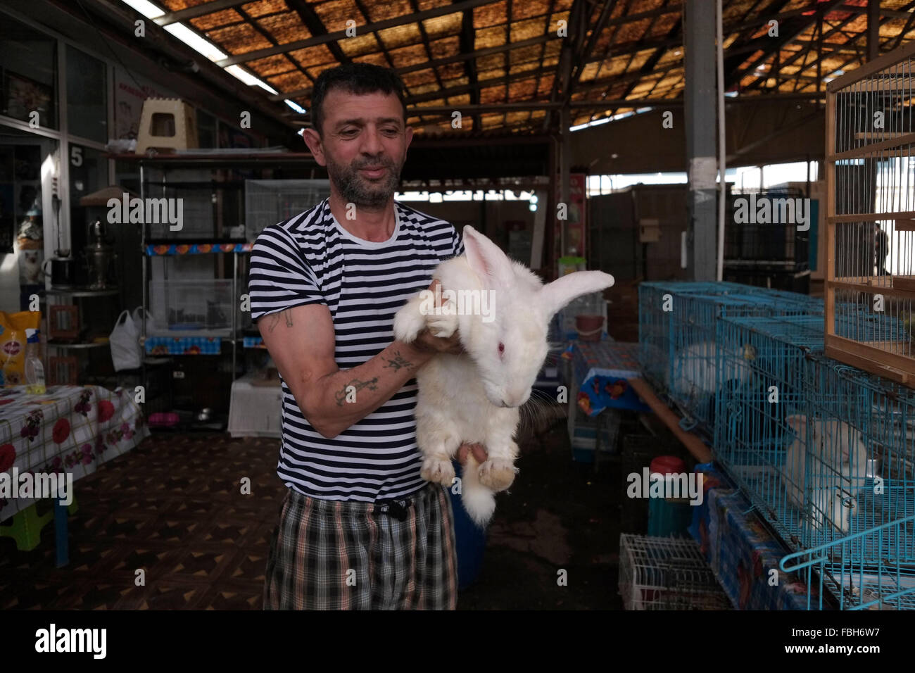 A pet vendor in Taza Bazaar market in the city of Baku in Azerbaijan ...