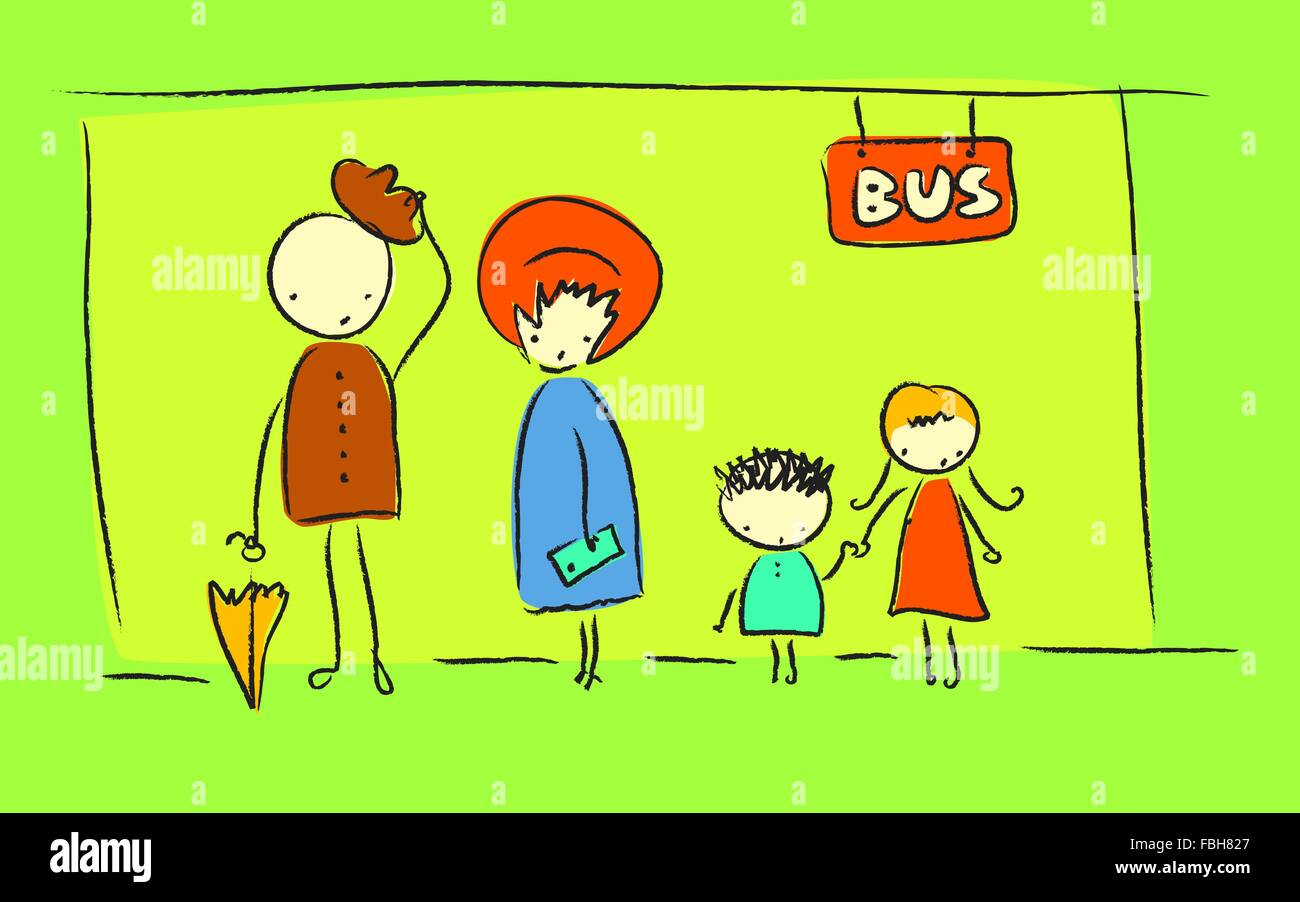 Doodle family waiting for the bus Stock Vector Image & Art - Alamy