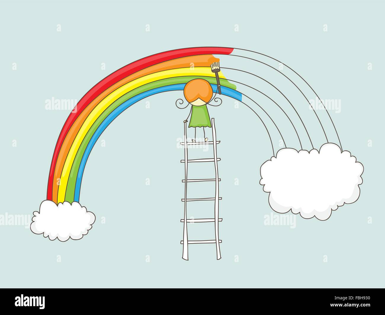 Cute doodle of a girl painting a rainbow between two clouds on a ladder ...