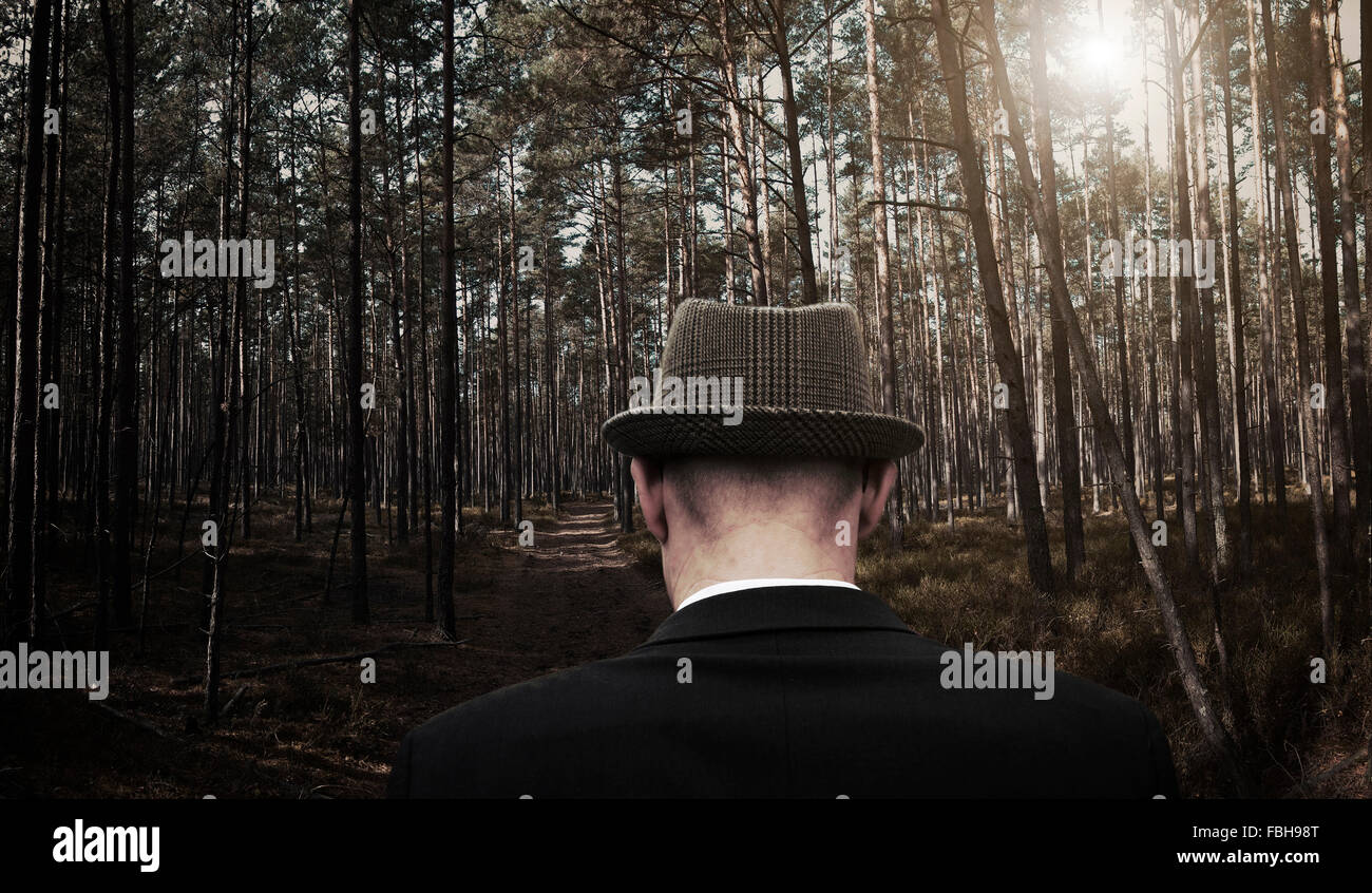 Forest, man, hat, back view Stock Photo - Alamy