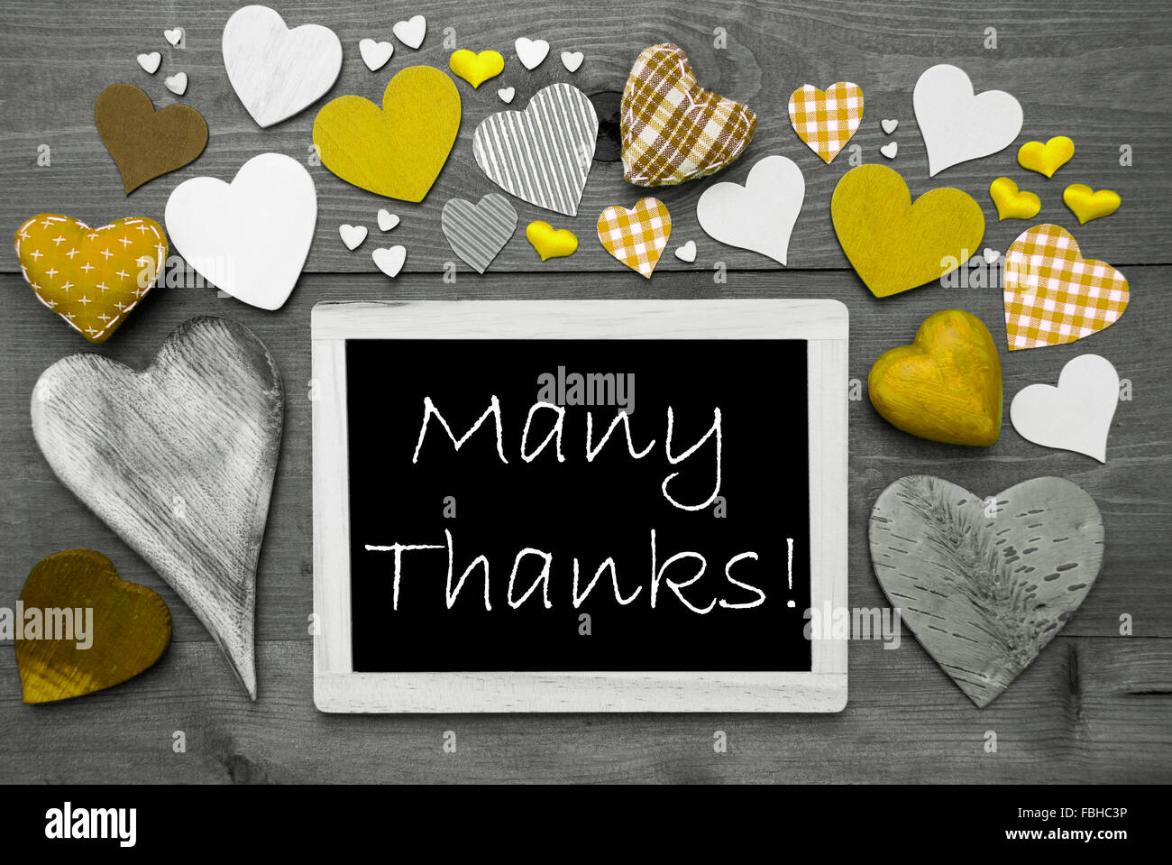 Black And White Chalkbord, Yellow Hearts, Many Thanks Stock Photo - Alamy