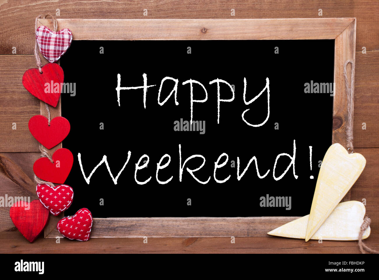 One Chalkbord, Red And Yellow Hearts, Happy Weekend Stock Photo - Alamy