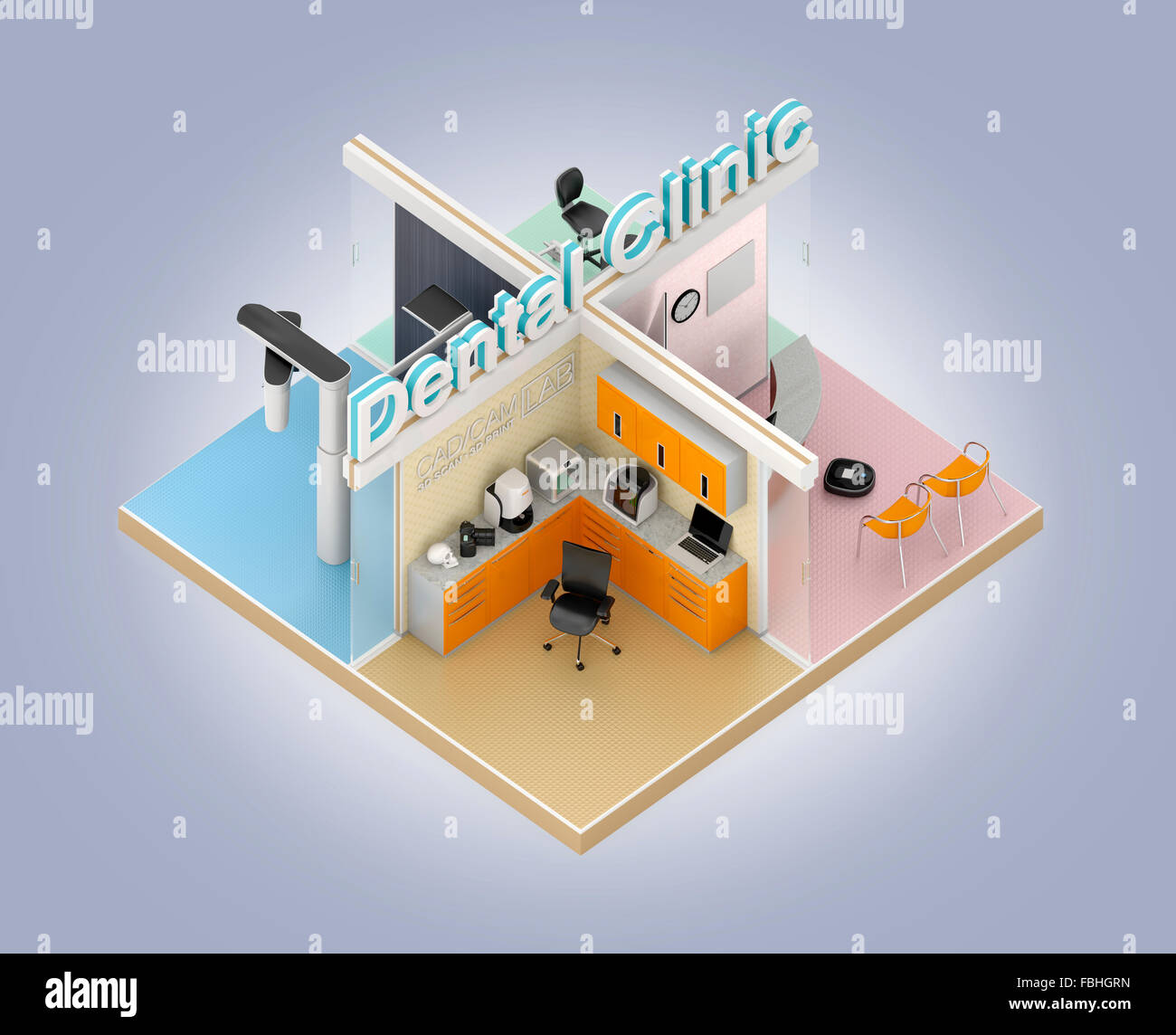 Isometric view of dental clinic model with CADCAM devices. 3D rendering ...