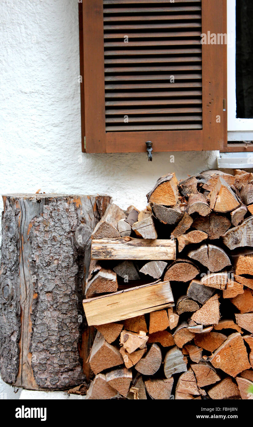 Wall of a house, detail, shutter, wood pile Stock Photo - Alamy