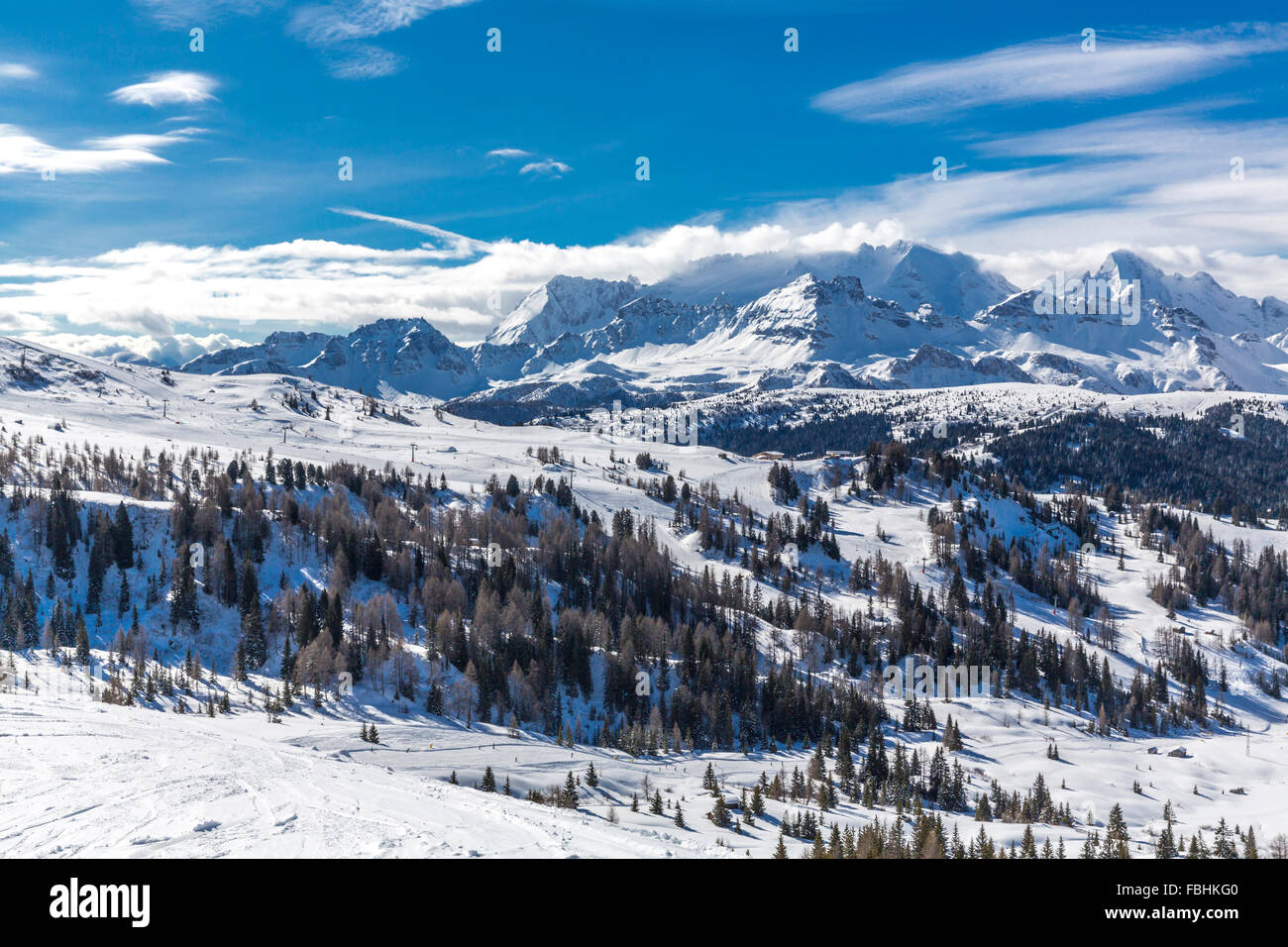 Ski region Alta Badia, in the background the glacier Marmolada, 3342 m ...