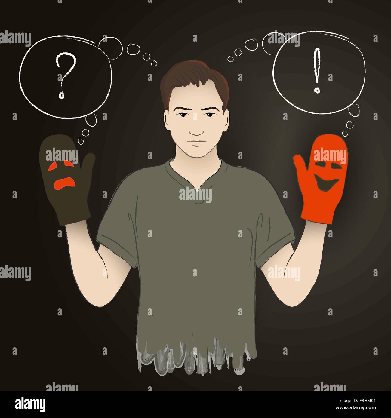 young man holding puppetry gloves with dramatic crying and laughing ...