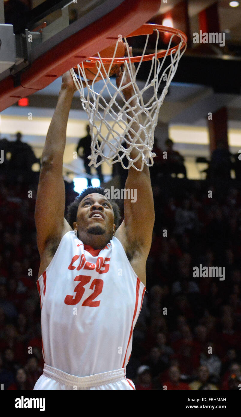 Albuquerque, NM, USA. 16th Jan, 2016. UNM's Tim Williams jams the ball ...