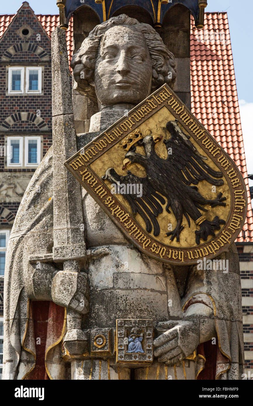 Roland statue on the market square, detail, Bremen Stock Photo - Alamy