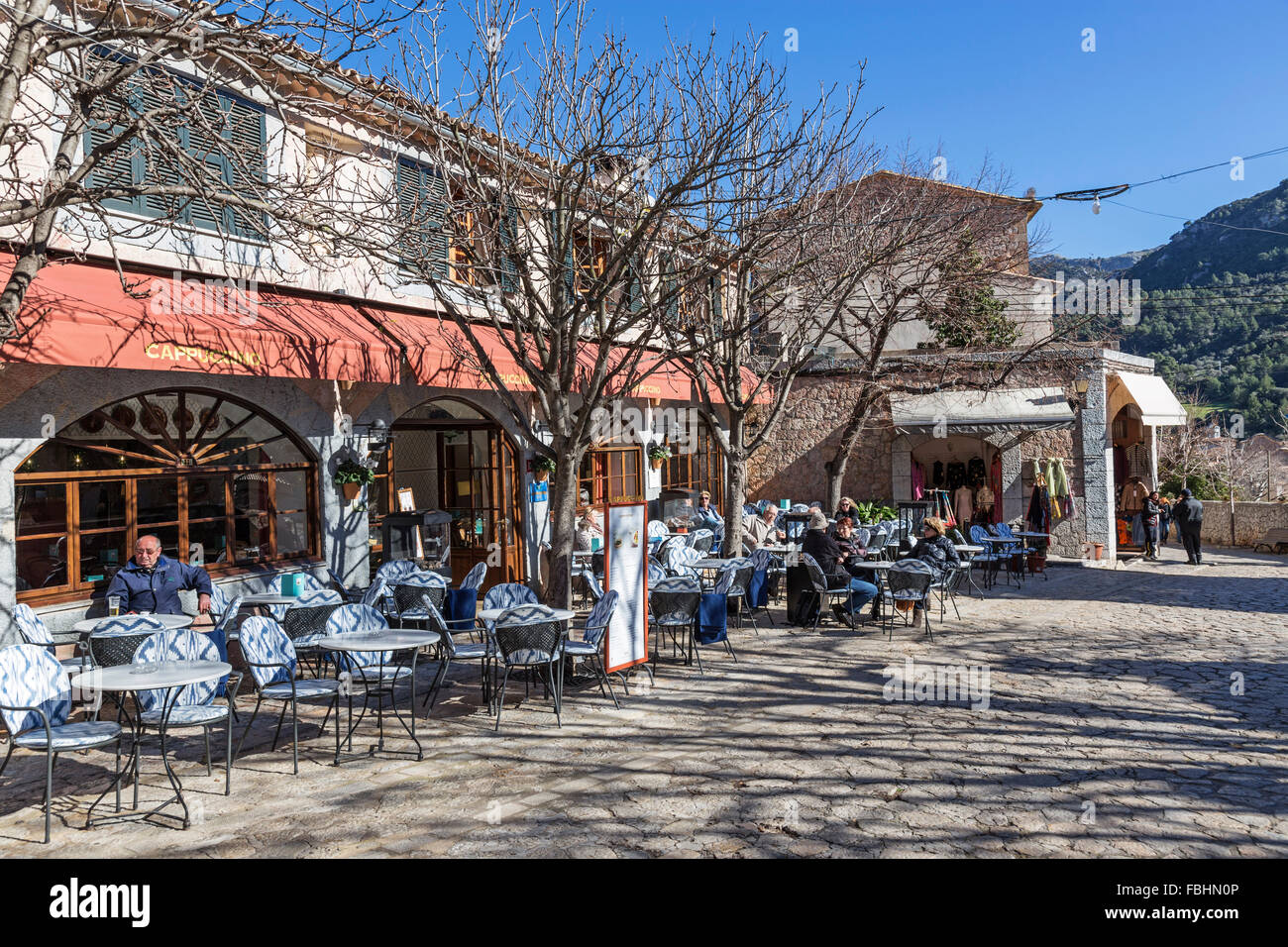 Street café, café cappuccino in Valldemossa, island Majorca Stock Photo ...