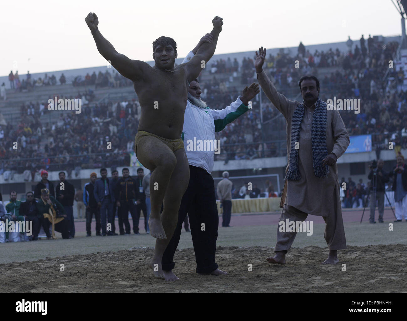 Lahore, Pakistan. 16th Jan, 2016. Referee declaring the winner during ...