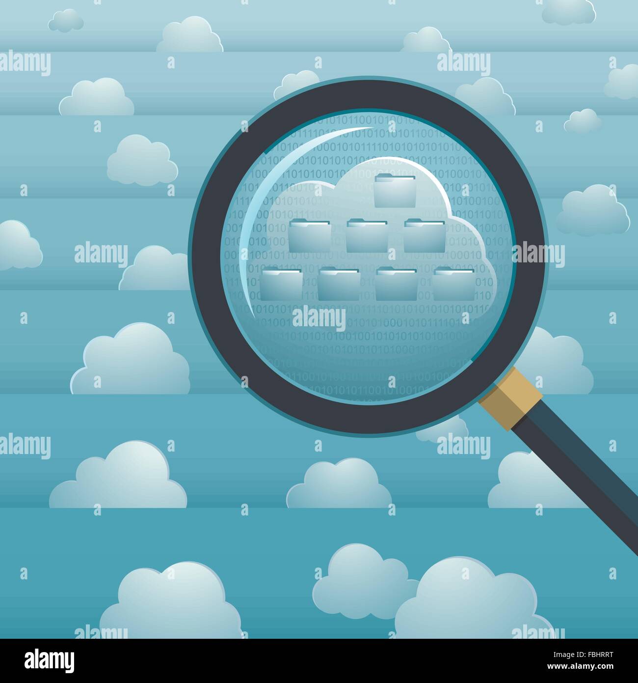 sky computing concept, with stratified sky, clouds and a loupe showing ...