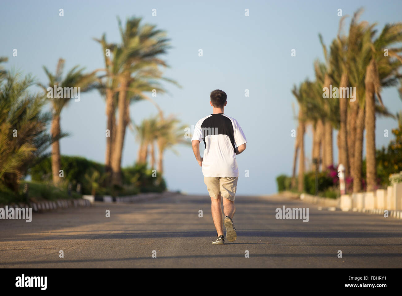 Sporty young man running away from camera, doing jogging practice on ... Sporty young man running away from camera, doing jogging practice on ...