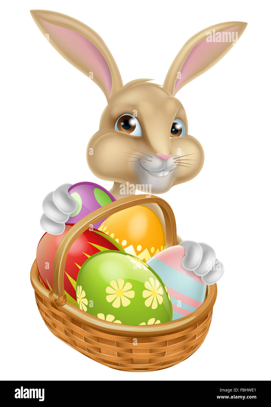 The Easter bunny peeking around a basket full of chocolate Easter eggs ...