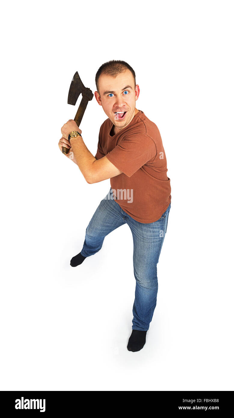 Young man with ax isolated on white background Stock Photo - Alamy