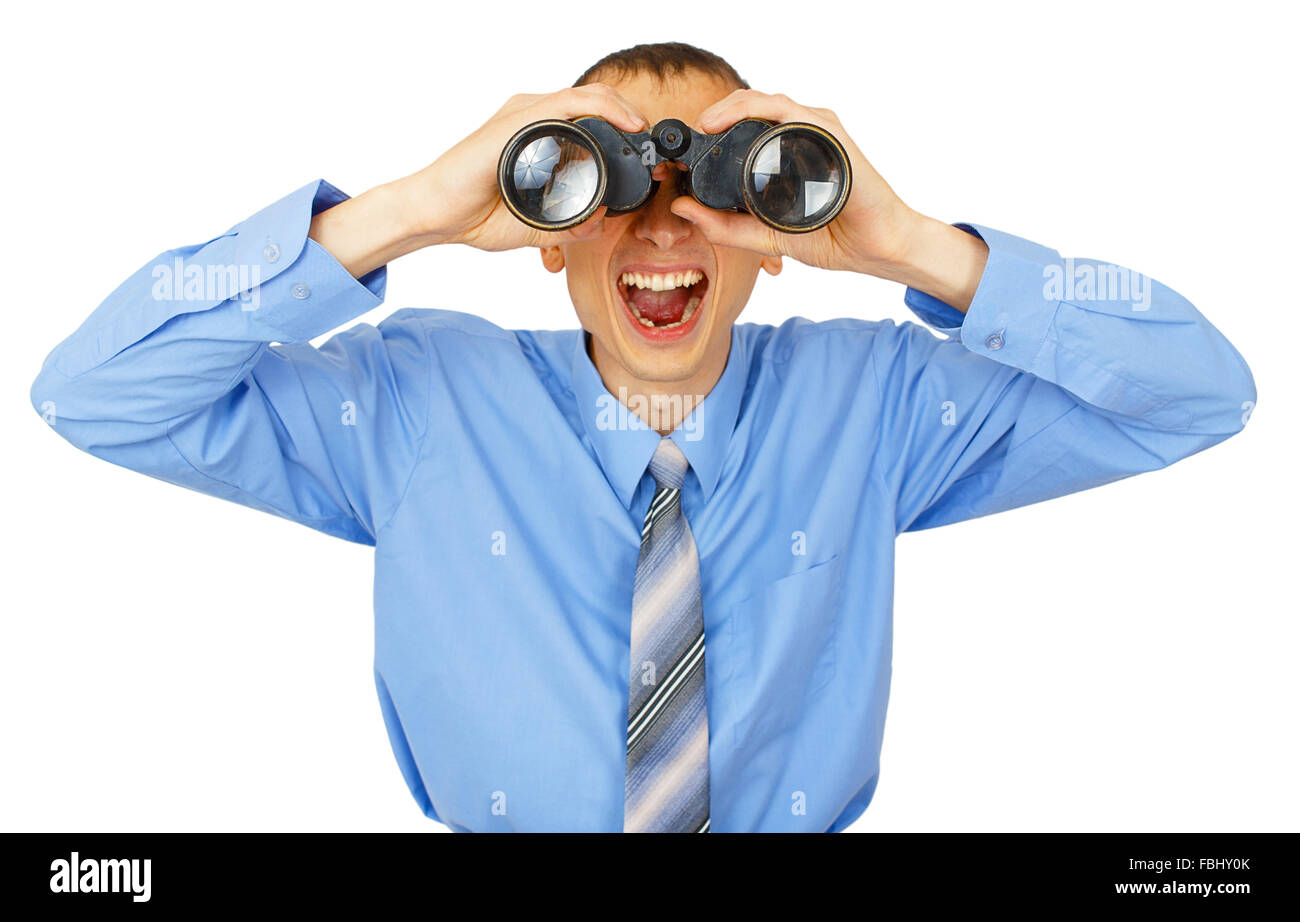 Shocked business man with blue tie with binoculars isolated on white ...