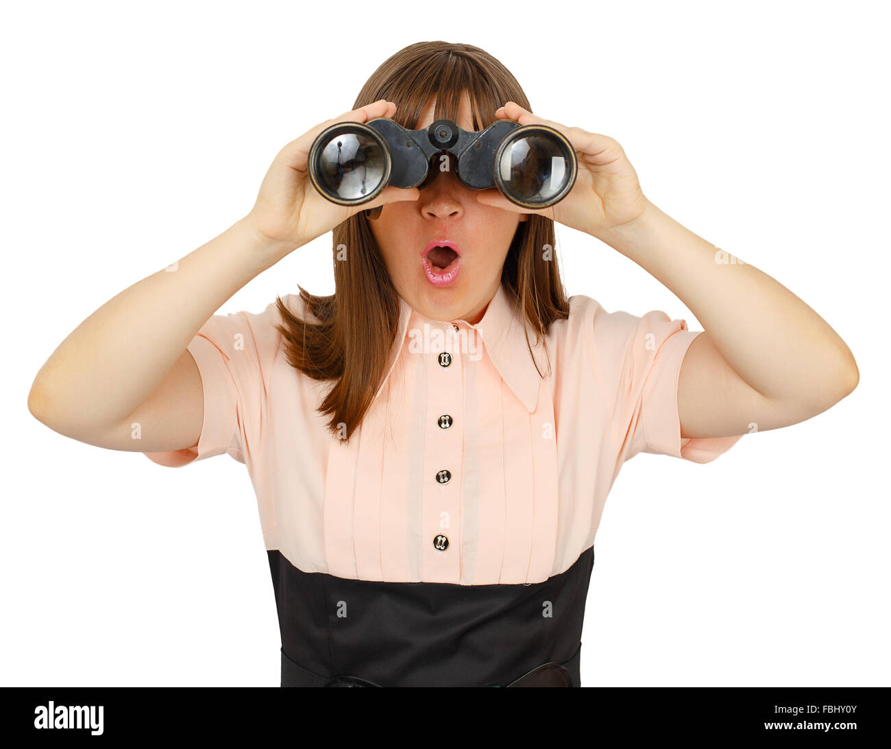 Shocked business woman with binoculars isolated on white background ...